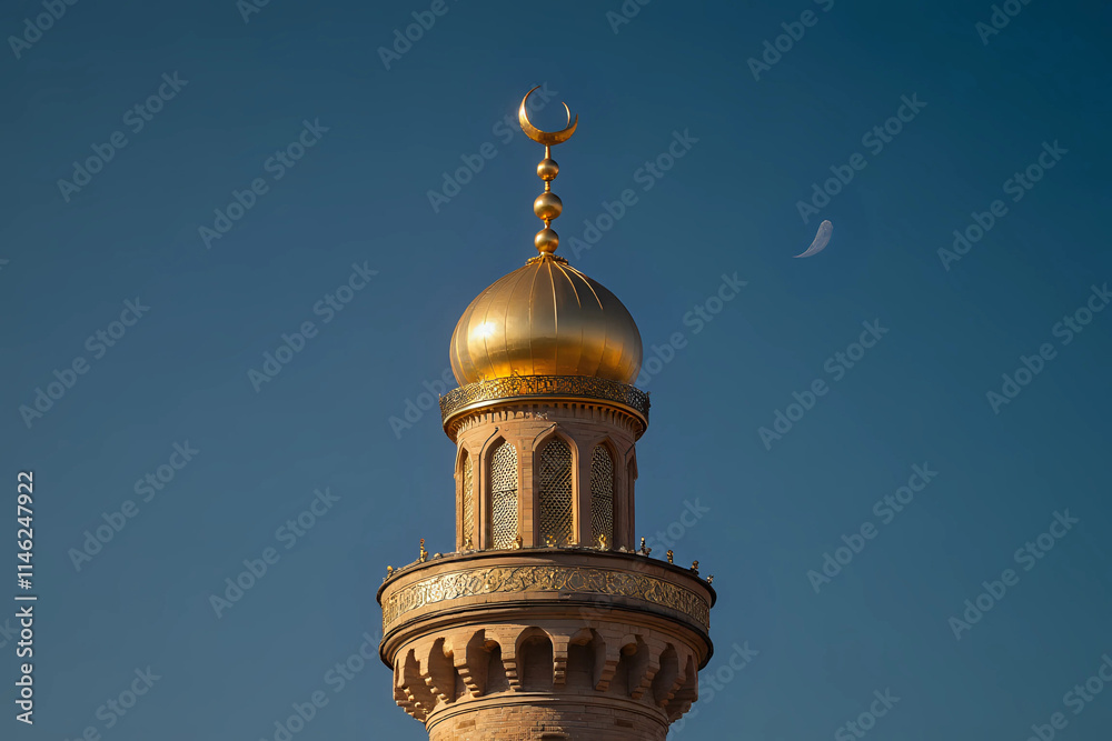 The top of the golden minaret with the symbol of Islam is the growing ...
