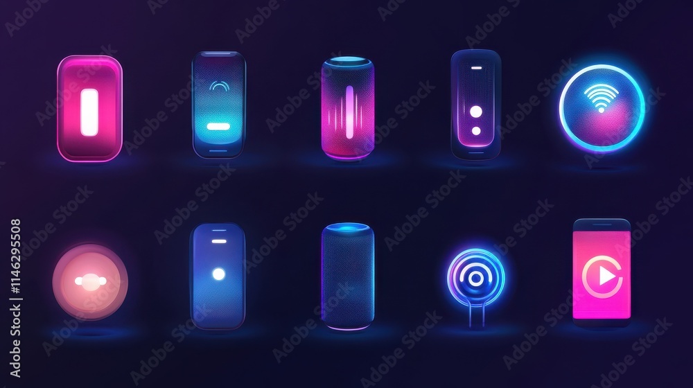 Voice command device icons set. Wireless virtual assistant. Smart ...