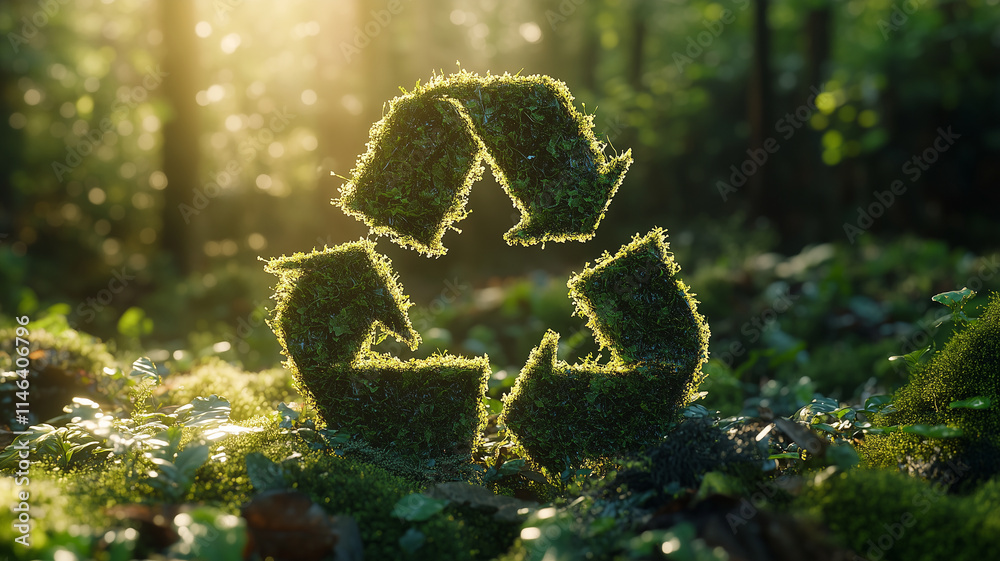 green recycling symbol made of moss in forest setting, surrounded by ...