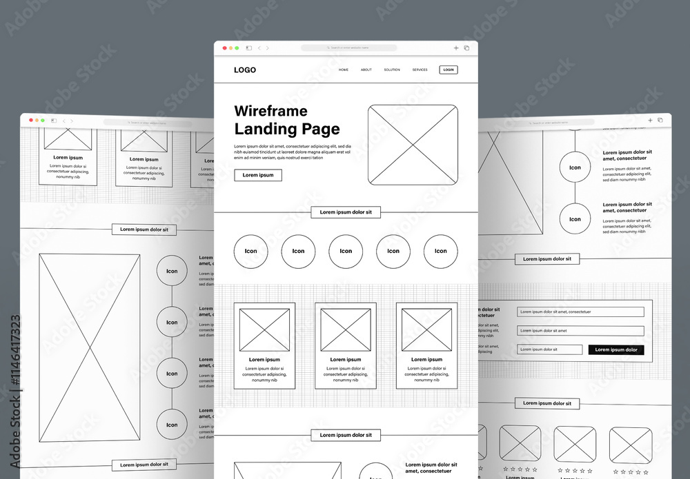 Modern Corporate Website Wireframe Landing Page UI UX Layout Stock Template | Adobe Stock