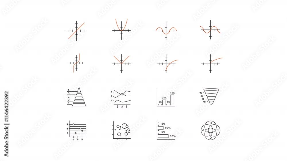 Animated charts and functions icons. Data presentation charts line ...