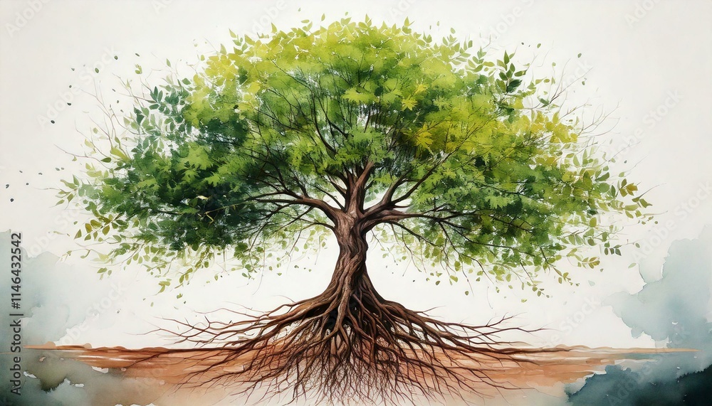 A tree growing upside-down, with its branches as roots and watercolor ...