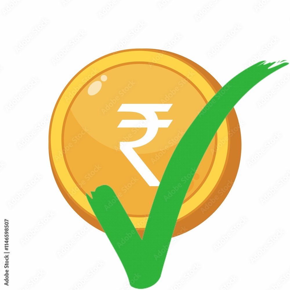 Indian rupee coin with green right tick. Right tick on indian rupee ...