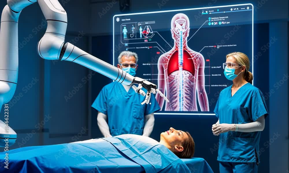 Neurourgeons are operating with medical robotic surgery machine. Modern ...