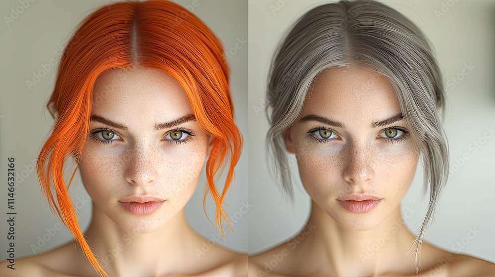 Woman showing hair color change from red to gray in before and after ...