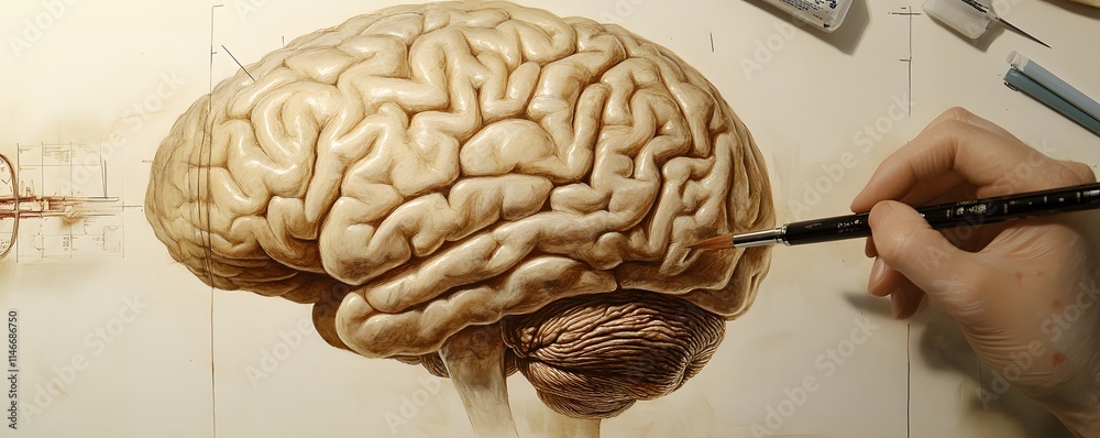 This image depicts a detailed representation of a human brain being ...