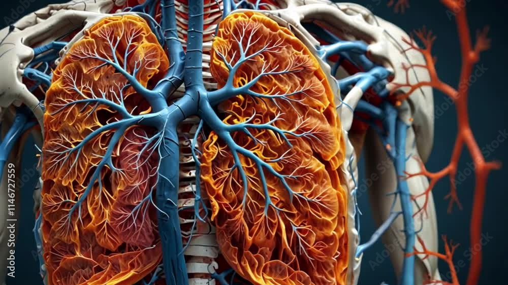 High-resolution cross-section of human lungs with intricate details of ...