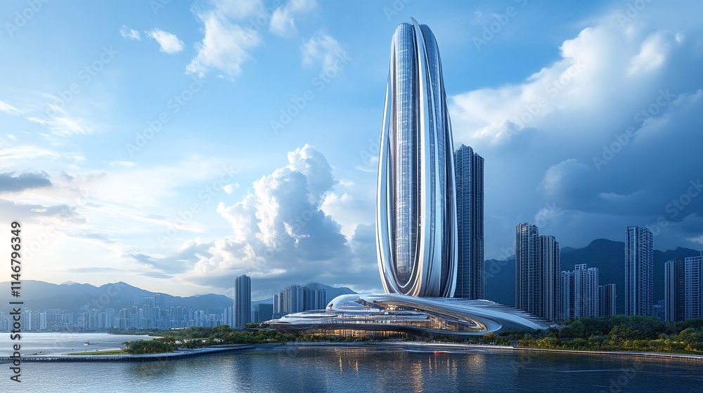 The tower located on an island with its curved design and large glass ...