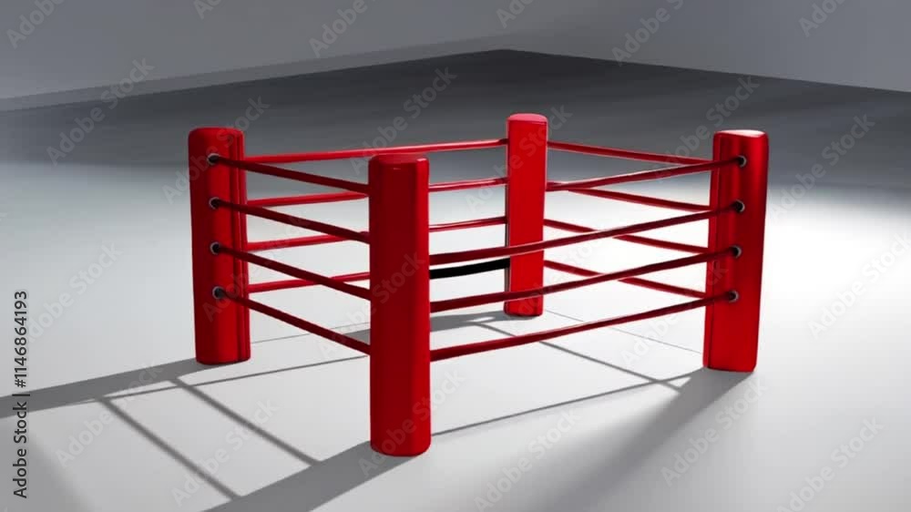 Red boxing ring with ropes and posts on a white floor, empty boxing ...