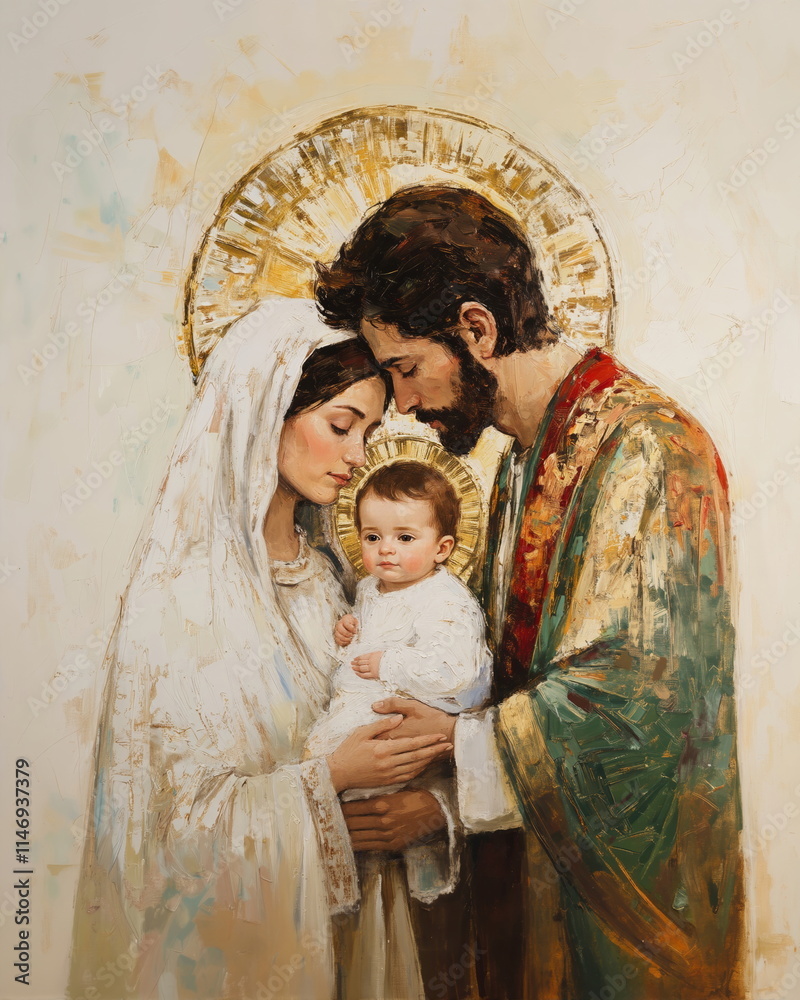 Virgin Mary and Saint Joseph holding baby Jesus Christ. Classic oil ...