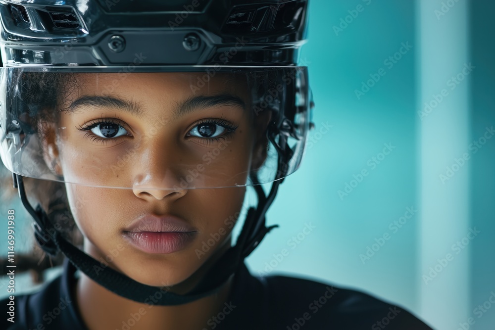 Portrait of a focused teenage girl wearing ice hockey gear and helmet ...