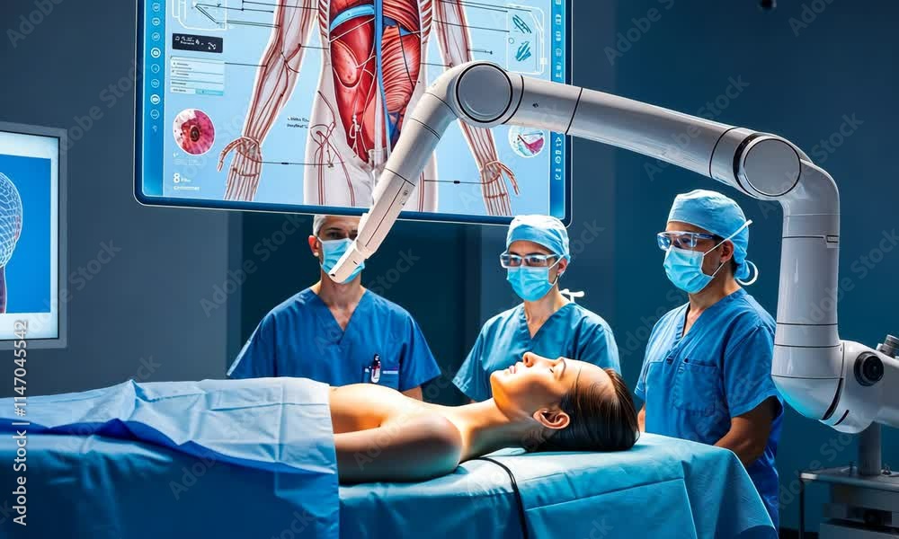 Neurourgeons are operating with medical robotic surgery machine. Modern ...