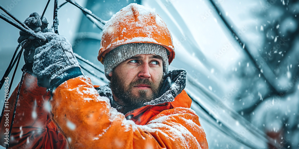 Determined construction worker in an orange safety jacket and helmet ...