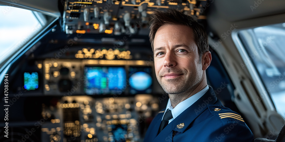 Confident airline pilot in a cockpit with advanced control panels ...