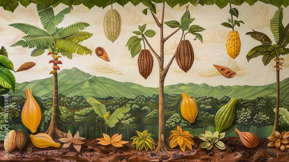 Detailed illustration representing the life cycle of a cacao tree, from ...