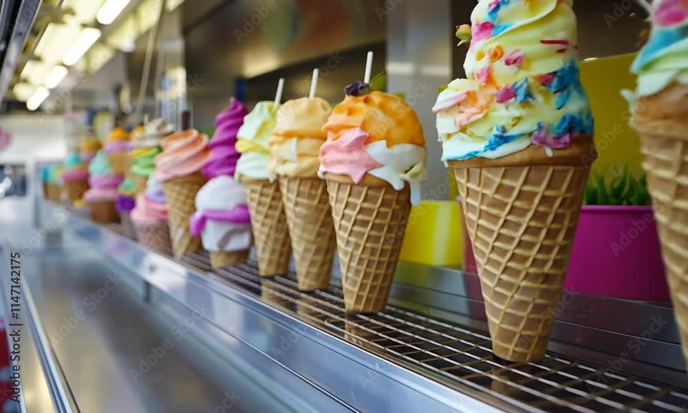Colorful Ice Cream Cones Displayed on a Bright Summer Day, Featuring ...