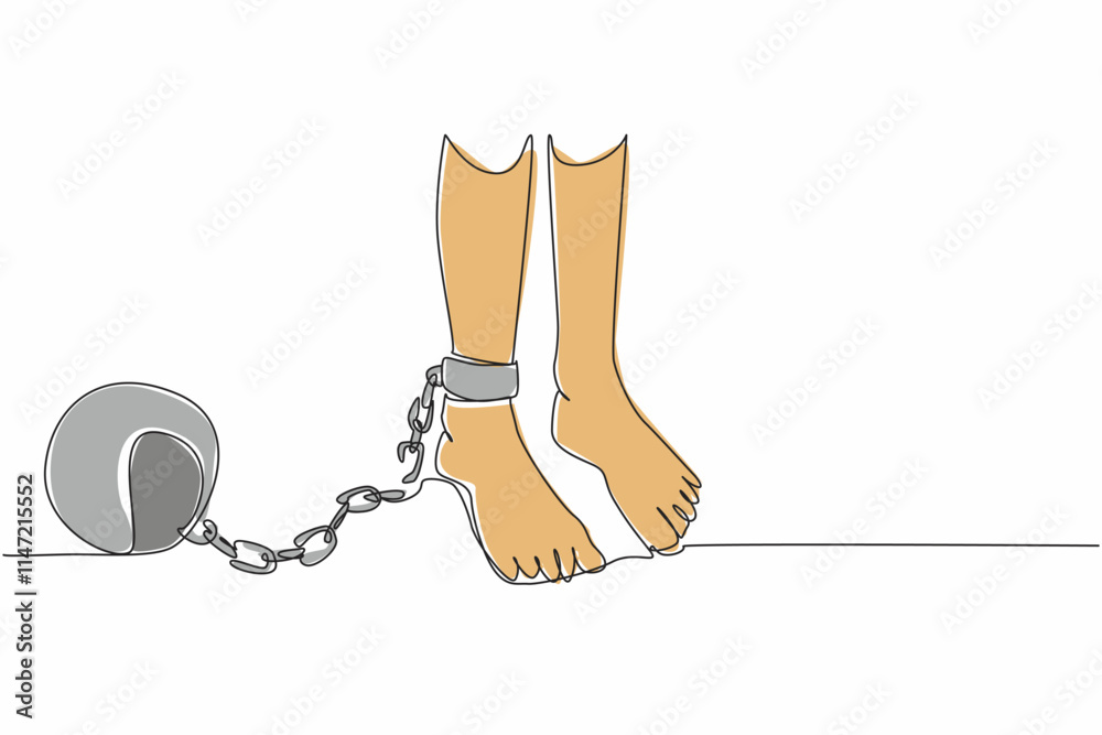 Single continuous line drawing feet shackled by metal prison ball ...