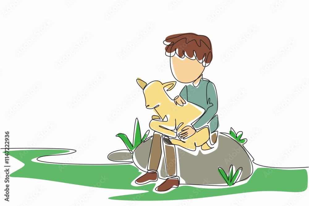 Single one line drawing boy sitting on a large rock holding a baby goat ...