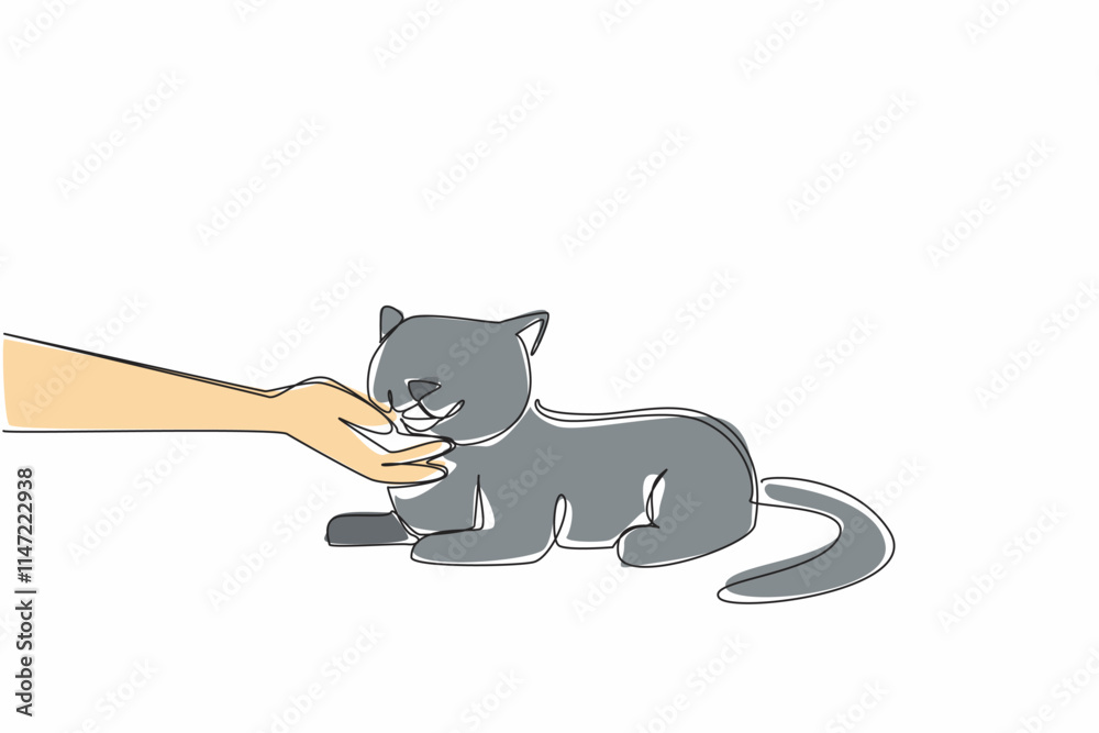 Single continuous line drawing hand stroking a cat. Caress full of ...