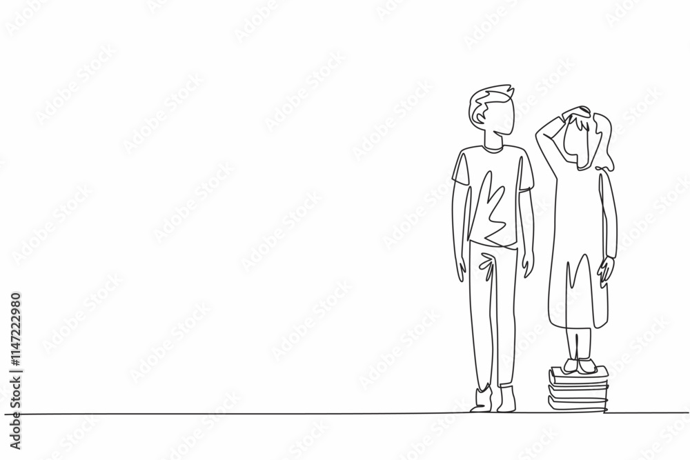 Continuous one line drawing older brother stands on tiptoe while ...