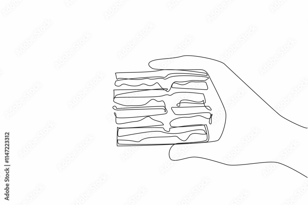 Continuous one line drawing hand holding several layers of grilled ...
