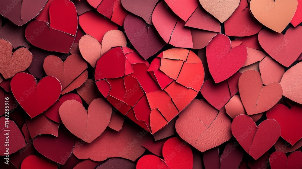 ripped heart collage, shades of red paper hearts, systematic broken ...