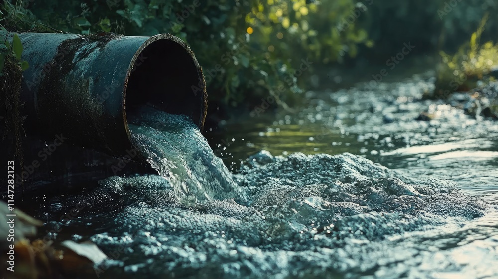 Photo & Art Print A drainpipe discharging waste into a river, creating ...
