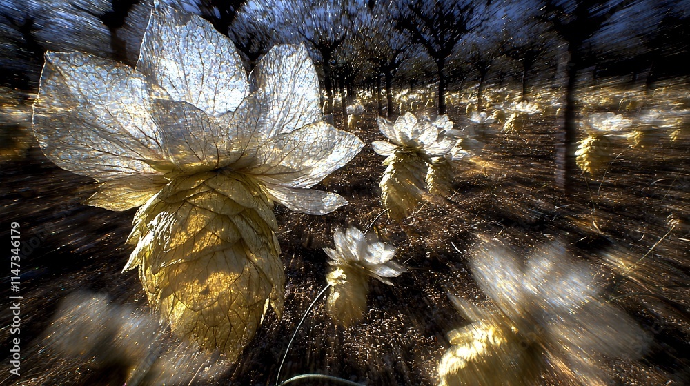 dramatic double exposure featuring a close-up of a hop flower layered ...
