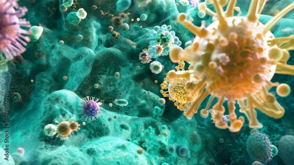 Microscopic view of diverse bacteria types in vibrant colors under a high-resolution lens, 3D of ...