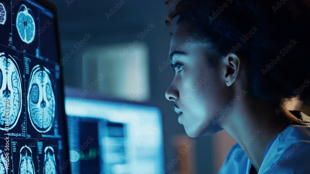 Nurse analyzes brain scans during night shift in a busy hospital ...