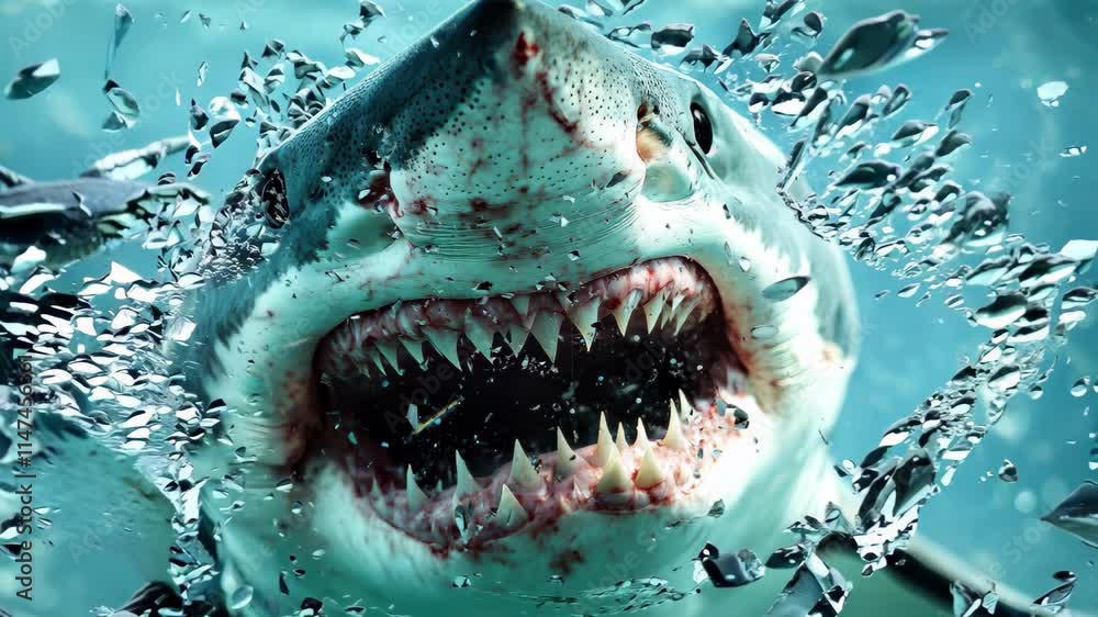 Great white shark breaches through shattered glass capturing a moment ...