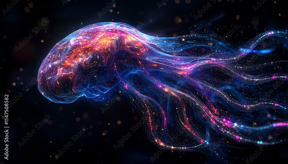 A surreal digital brain linked to a futuristic data hub, with shimmering generative AI elements ...