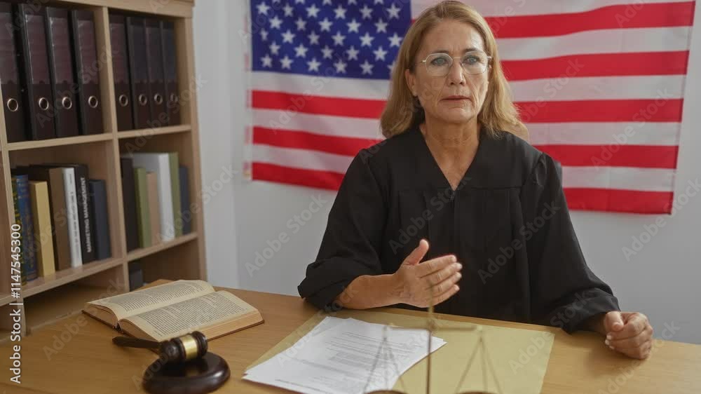 Woman judge in black robe speaks in an office with american flag, books ...