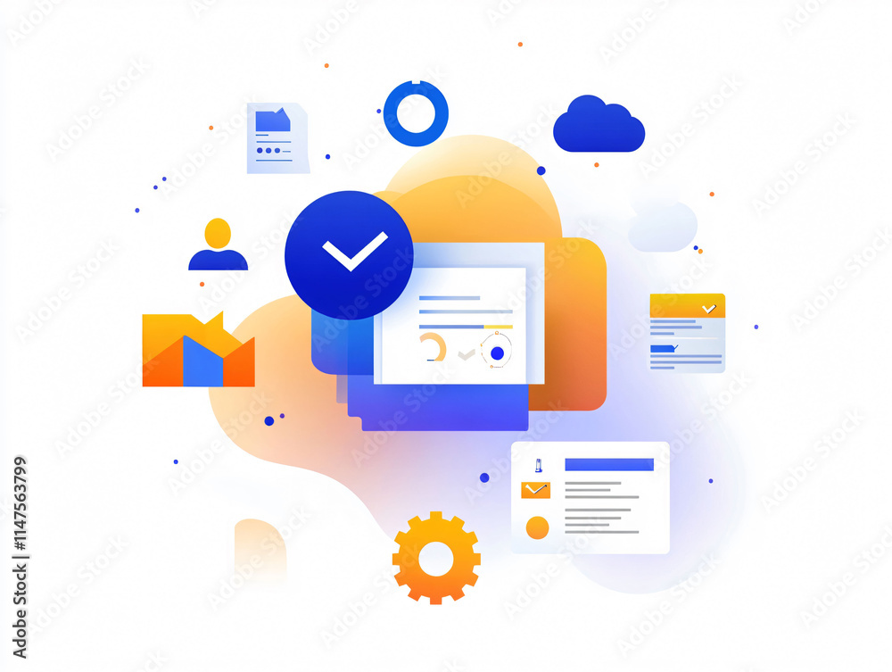 Colorful graphics illustrate a digital workspace focused on data ...