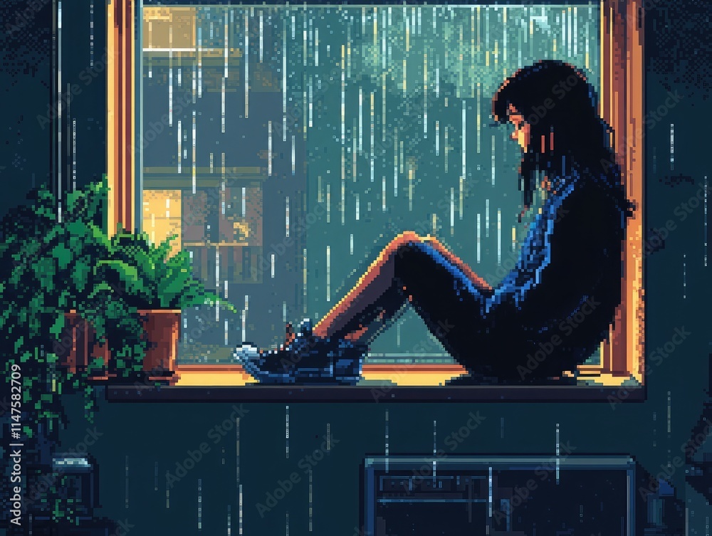 8-bit pixel art, a girl sitting on the window sill in front of rain ...
