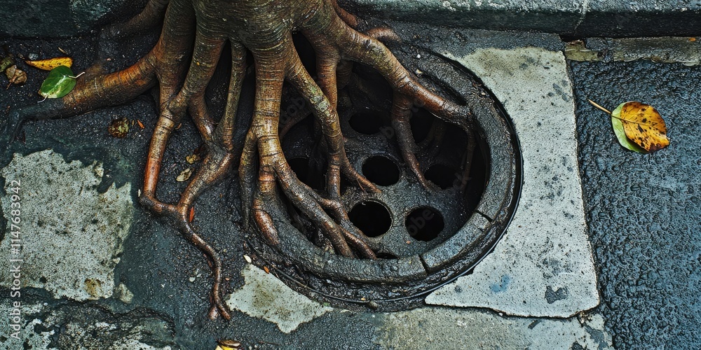 Foto de Roots of a Ficus tree penetrate the entrance of a drainage pipe ...