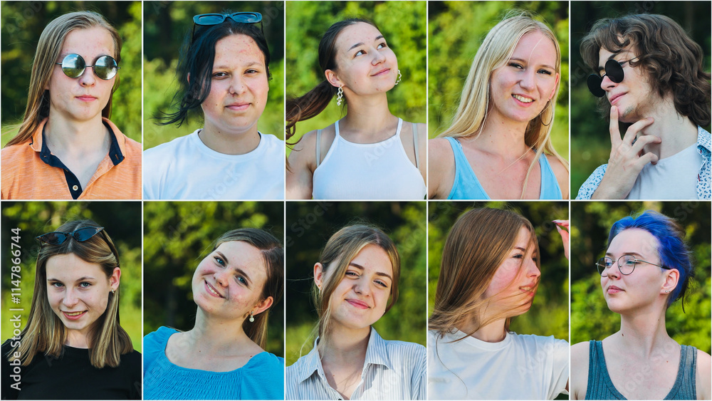 Ten young adults are making different facial expressions while posing ...