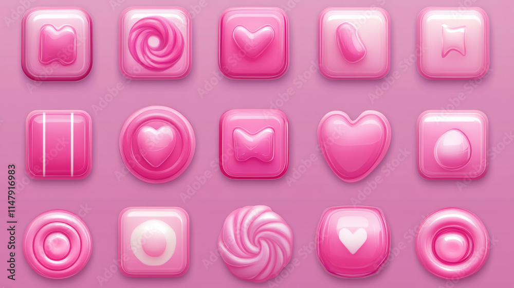 Candy ui game app interface and button frame glossy icon set. Pink jelly and lollipop play ...