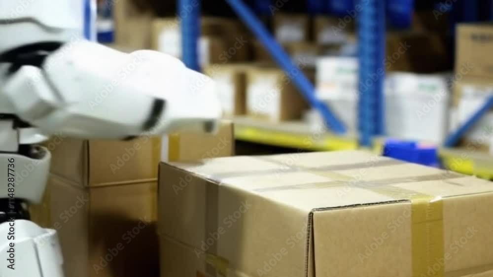Robot labeling sticker to a cardboard box Stock Video | Adobe Stock