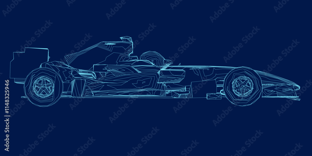 Contour of a F1 race car. Formula 1 Vector blueprint isolated on a blue ...