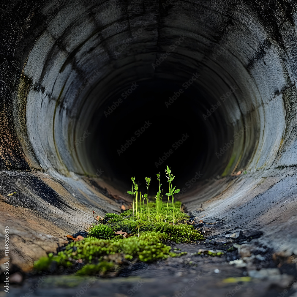 Plants growing inside an abandoned tunnel, symbolizing resilience ...