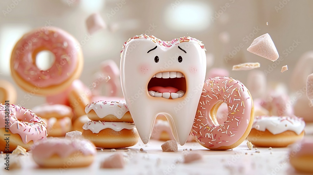 3D Cartoon Animation of an Unhappy Tooth with a Cavity Surrounded by ...