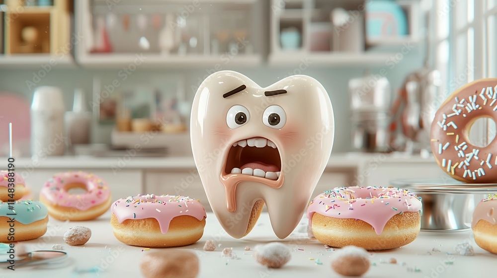 Unhappy 3D cartoon animation of a tooth character with a visible cavity ...