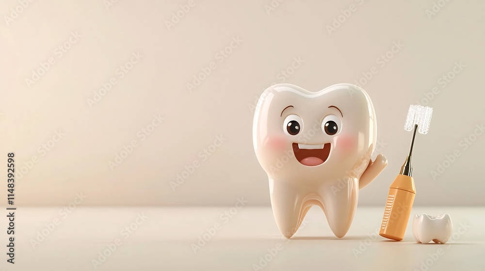 Cheerful Cartoon Tooth Character Using Water Flosser on White ...