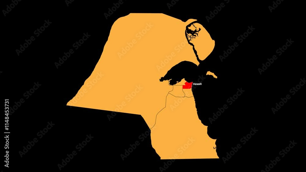 Hawalli map animated video. The location is highlighted on the kuwait map. Colour map with ...