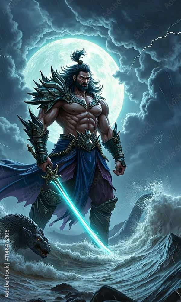 Susanoo, the storm god, wielding a glowing sword in a fierce pose ...