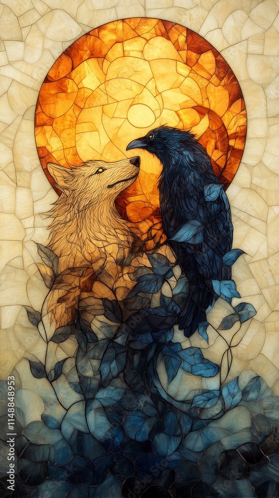 A wolf and a raven face each other under a glowing sun, surrounded by ...