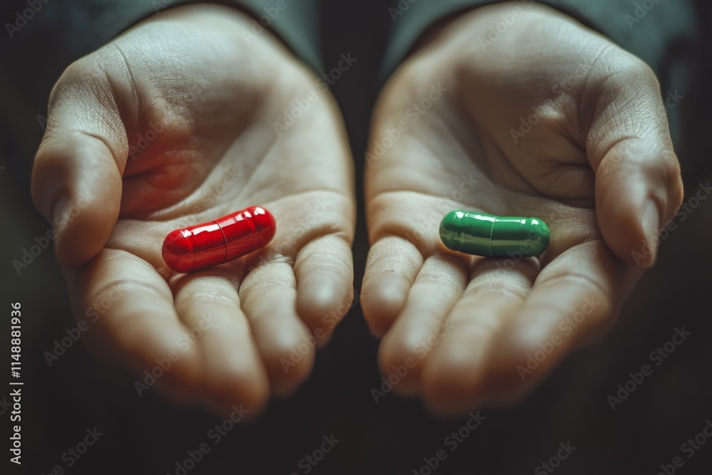Patient deciding between two different color capsules, symbolizing a ...