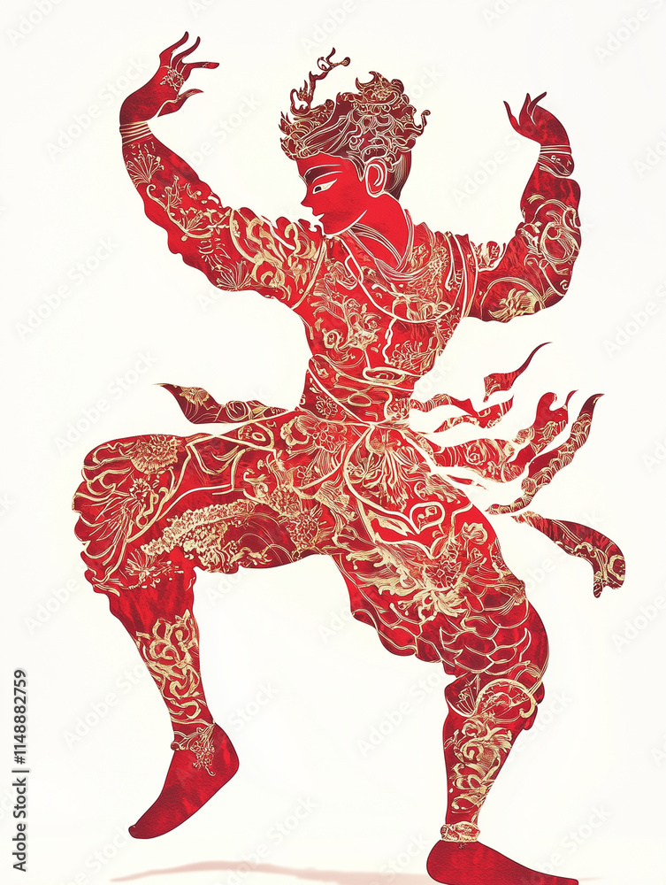 a boy dressed in bronze pattern, lifting one leg, spreading his arms ...