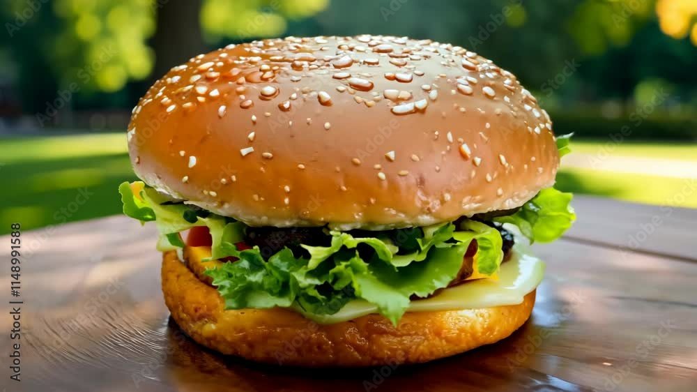 A 360-degree view of a classic cheeseburger with a shiny brioche bun ...